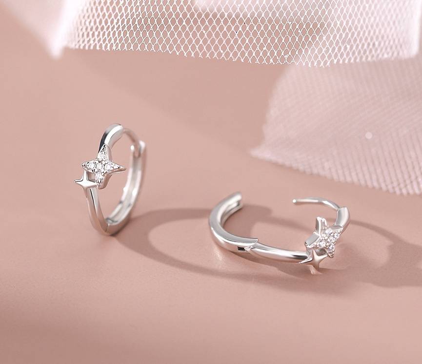 SERA 925 Sterling Silver Hoop Clip With Double Star Ladies Earrings ER073